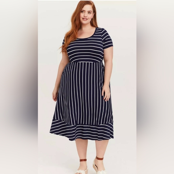 torrid | Dresses | Torrid Blue And White Aline Midi Dress Scoop Neck ...